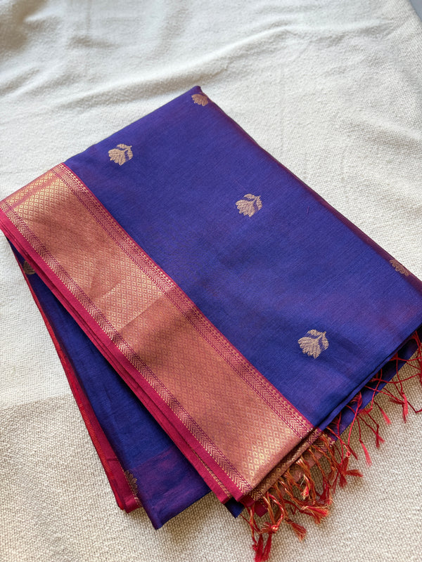 Blue Dual Shade Lotus Motif Maheshwari Saree – Styled By Apra