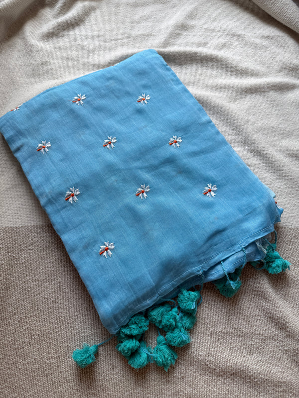 Sky Blue Parijaat Embroidered Mul Cotton Saree – Styled By Apra